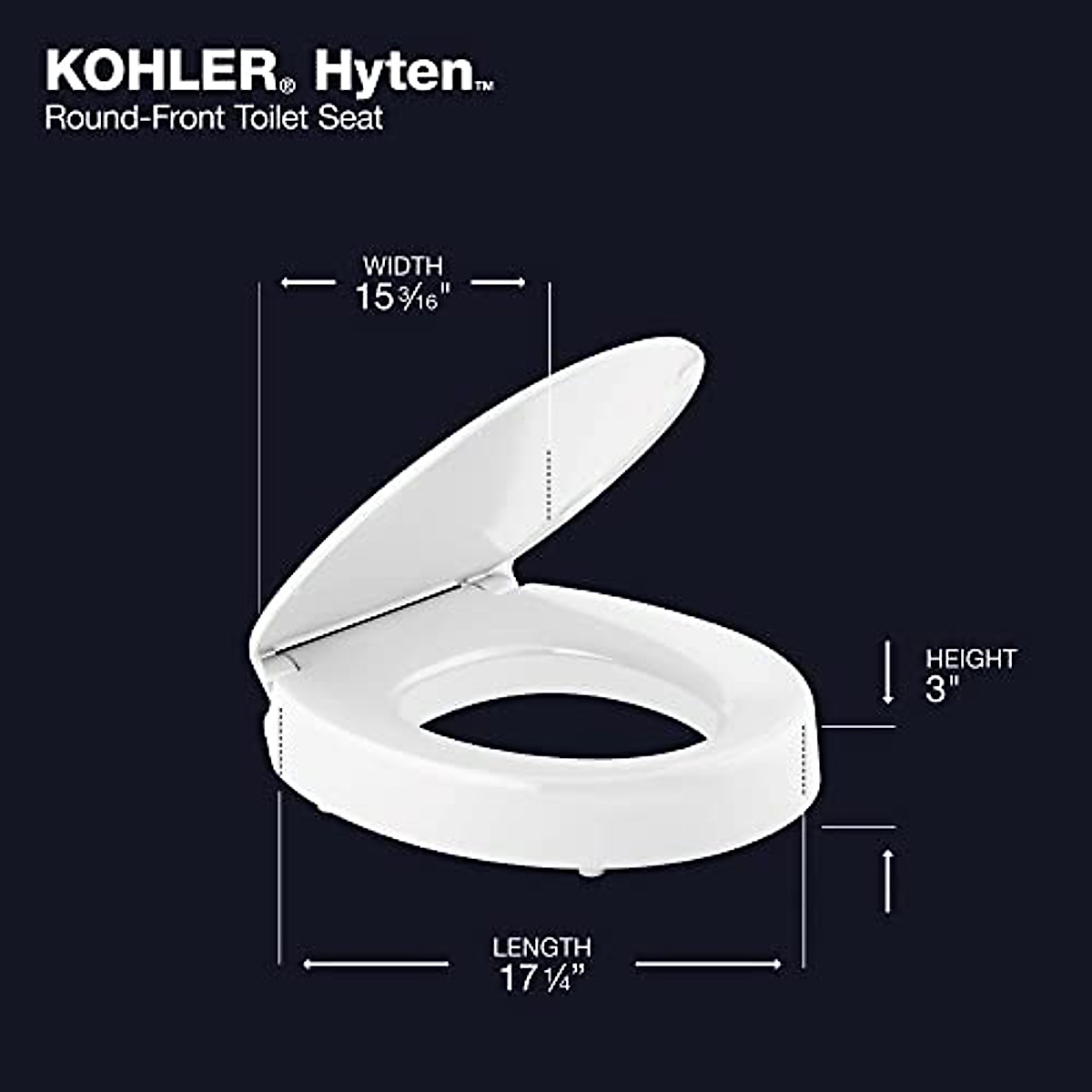 KOHLER Hyten Elevated Quiet-Close Round-Front Toilet Seat, White