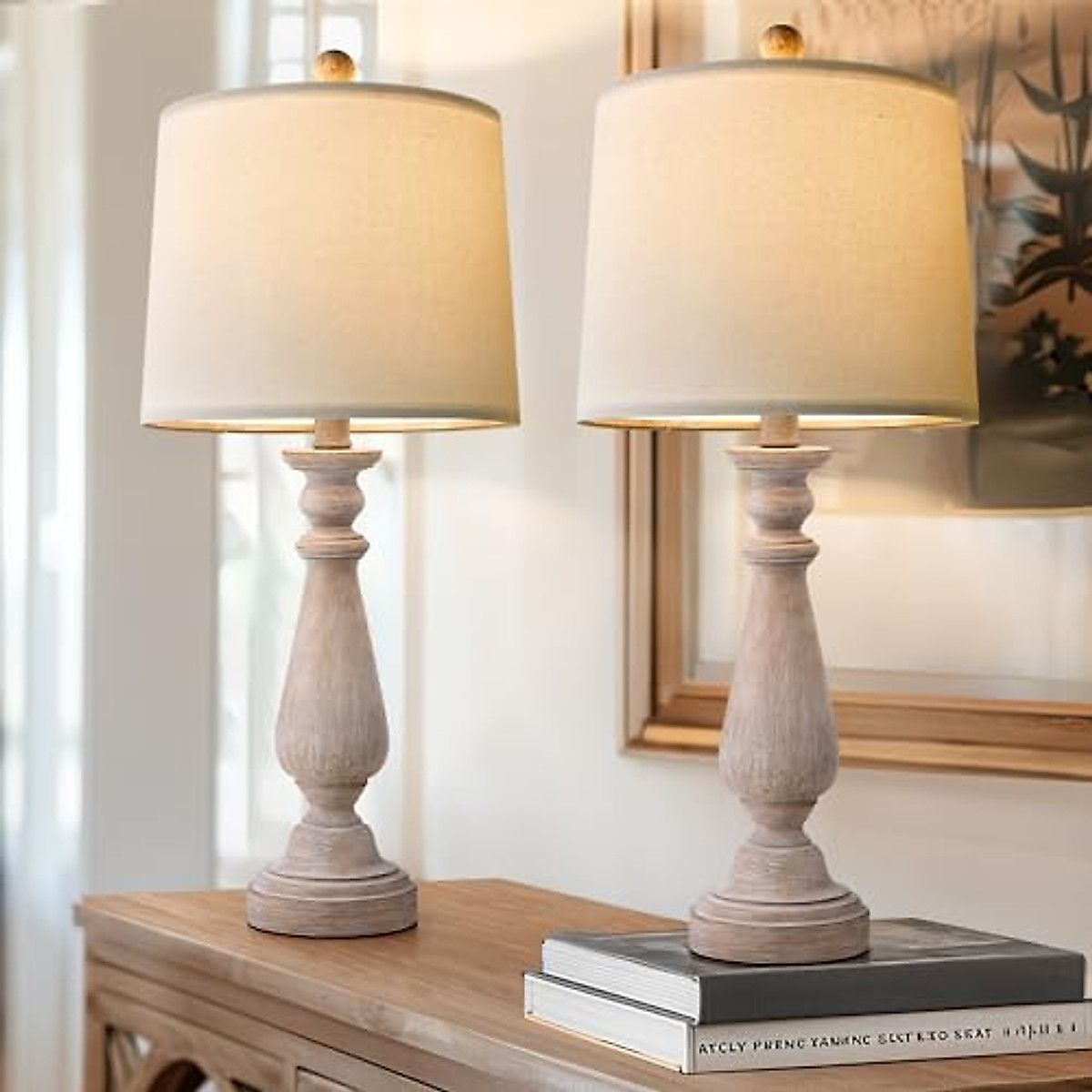 PORTRES 24.5" Mid Century Table Lamp Set of 2 for Living Room Farmhouse Linen Bedside Lamps for Bedroom Kids Room Dorm Office Rustic Lamps for End Table Nigntstand Resin