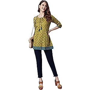 Janasya Indian Women's Green Cotton Tunic(JNE3688-TU-S)