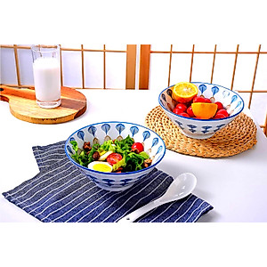 Braque Ceramic Japanese Ramen Bowl, Set of 2, 28.7oz Porcelain Bowls with Spoons – for Ramen, Pho, Udon, Soup, Salad – Asian Rustic Design, Chip Resistant, High Grade Lead & BPA Free - Leafage Echo