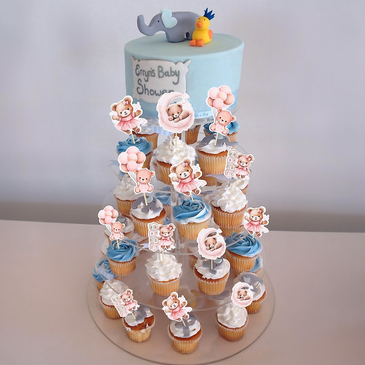 Gyufise 36Pcs Baby Shower Bear Cupcake Toppers Moon Baby Bear Baby Shower Cake Topper Decorations Jungle Animal Theme Baby Shower Birthday Party Cake Supplies Pink