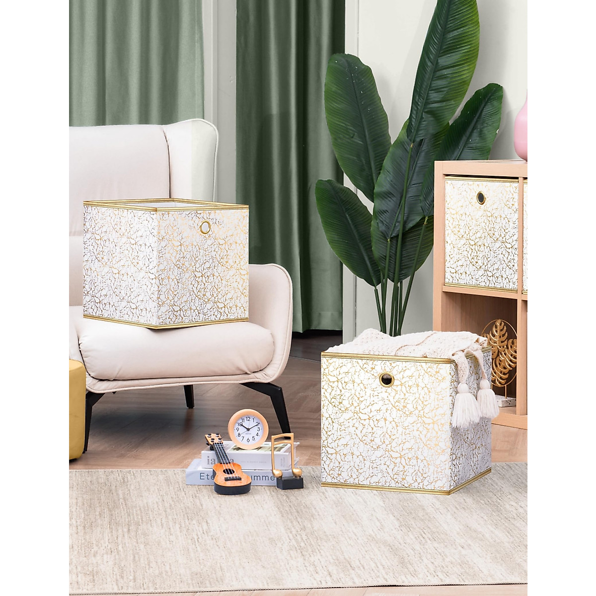 DAMAHOME Fabric Storage Cube Bins, Foldable 13 Inch Cube Storage Bins with Grommet Handle, 4-Pack Collapsible Cubby Organizer for Shelves, Closet, Nursery, Toys, White Gold