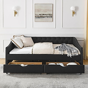 Flieks Linen Upholstered Full Daybed with Two Storage Drawers, Full Size Button Tufted Sofa Bed Daybed with Nailhead Trim and Wood Slat Support (Black)