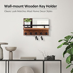 Nekon Key Holder for Wall with Shelf, Entryway Wall Organization with 9 Hooks, 9.8 Inch Wooden Key and Mail Holder with Mounting Screw Pack (Brown)