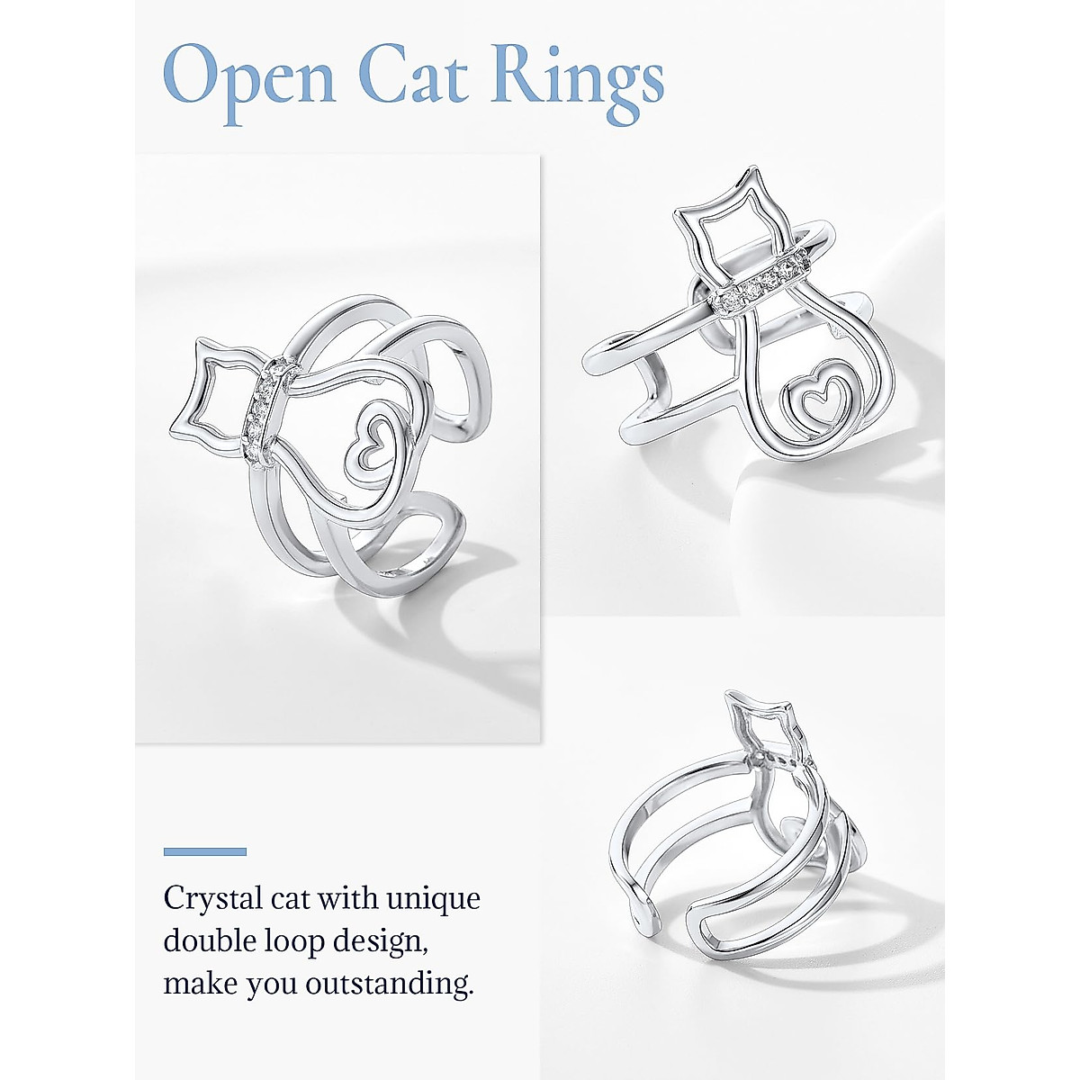 SILVERCUTE 925 Sterling Silver Cat Cute Ring Glittering Heart Cubic Zirconia Sparkle Adjustable Ring