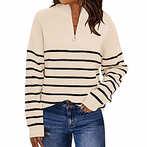 LILLUSORY Women's Quarter Zip Striped Oversized Sweater 2025 Mock Turtleneck Fall Fashion Outfit Apricot-Black M