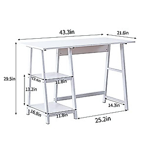 Natwind 43" White Desk Home Office Computer Working Kid Student Study Table with 2-Tier Storage Bookshelves Modern Simple Study Laptop Writing Elegant Style Desk Workstation for Office Home White