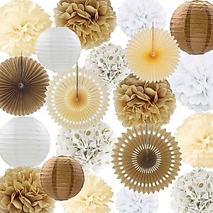 20PCS Rustic Party Decorations Pack Tan Brown Ivory and White Party Decor Kit for Burlap Themed Birthday Bridal Baby Shower Vintage Wedding, Hanging Paper Lanterns Fans Tissue Paper Pom Poms