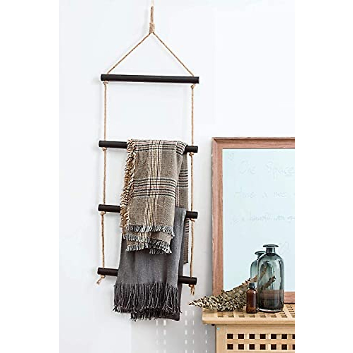 Dahey Blanket Ladder Scarf Holder Rack, Bath Towel Rack Bar Storage Ladder Wood Wall Hanging Living Room Scarf Ladder Rustic Home Decor Ladder,Black