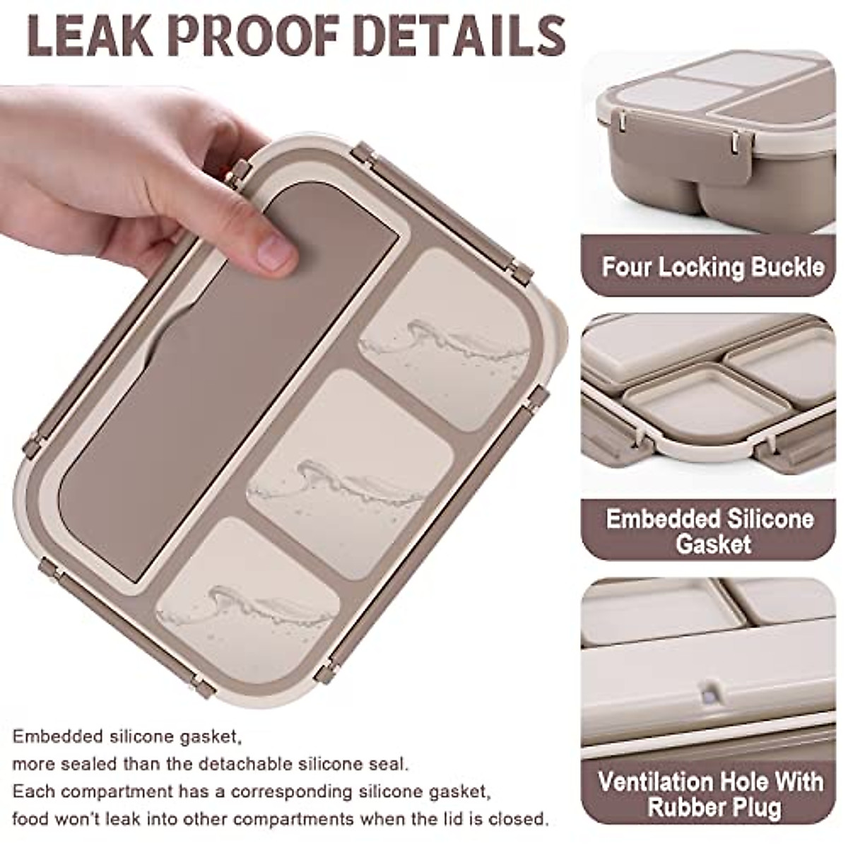 Bento Box Adult Lunch Box, Lunch Containers for Adults Men Women with 4 Compartments, Lunchable Food Container with Utensils, Sauce Jar, Muffin Liners, 40 Oz/5 Cup, Microwave & Dishwasher Safe, Brown