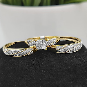 Dazzlingrock Collection 0.30 Carat (ctw) Round White Diamond Cluster Style Men & Women's Engagement Trio Set 1/3 CT, 10K Yellow Gold