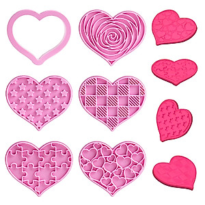 FVVMEED 6 Pieces Valentine's Day Heart Shape Plastic Biscuit Cutters Cookie Stamps Plunger Cutter Fondant Molds Embossing Spring Mold Press Cupcake Gum Paste Sugar Craft Decorating Baking Tool