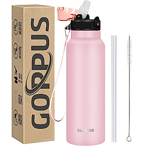 GOPPUS 24 oz Insulated Double Wall Vacuum Water Bottle With Straw Stainless Steel Sports Water Cup Leakproof Wide Mouth Resusable Water bottles for Kids Men Women Pink-1 Lid