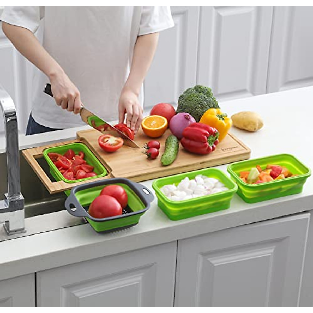 PYINRUOLI Expandable Bamboo Cutting Board With Containers,Over The Sink Cutting Board For Kitchen,Meal Prep deck For Food (Green) Large