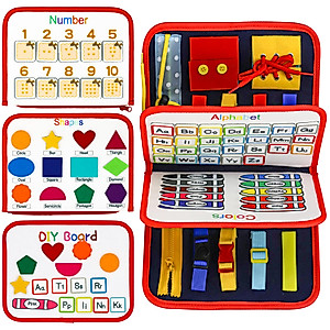 Busy Board for Toddlers Age 1-6, Montessori Early Education Activity Toddler Toys for Basic Skills Learning,Dress and Alphabet Spell Cognition, Bag Designed Enlighten Toy for Infants, Boys and Girls