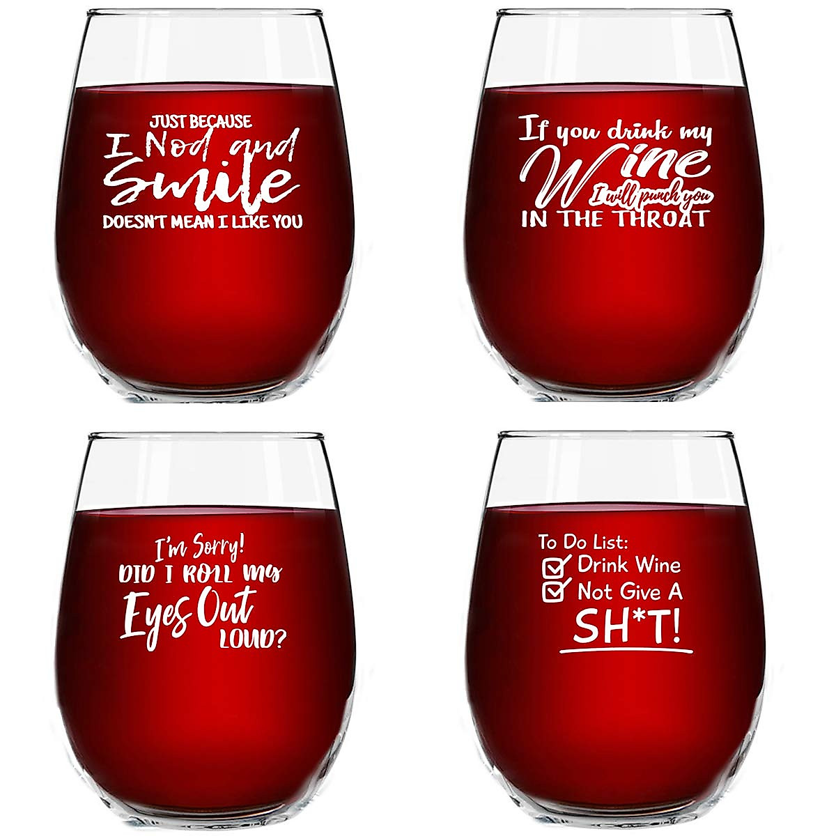 Set of 4 Crude & Rude Funny Wine Glasses (15 oz)- Novelty Glassware Gifts for Women- Hilarious Party, Event, Hosting Fun- Wine Lover Glass w/Funny Sayings- Birthday Wine Gift for Friends- Made in USA