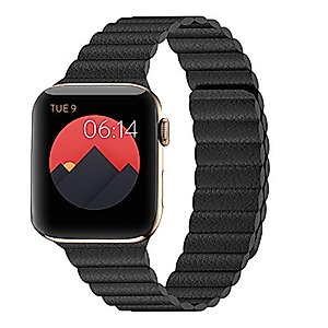 INI Compatible with Apple Watch Band 49mm 45mm 44mm 42mm 41mm 40mm 38mm - Adjustable Leather Strap with Magnetic Closure System for iWatch Series 9 Ultra 2 Ultra/8/7/SE/6/5/4/3/2/1 - Black