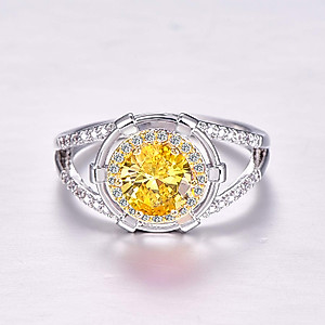Emsione 925 Sterling Silver Plated Created Citrine Round CZ Cut Halo with Round Side Stones Eternity Ring Anniversary Wedding Engagement Band Ring Size 8 Color Yellow