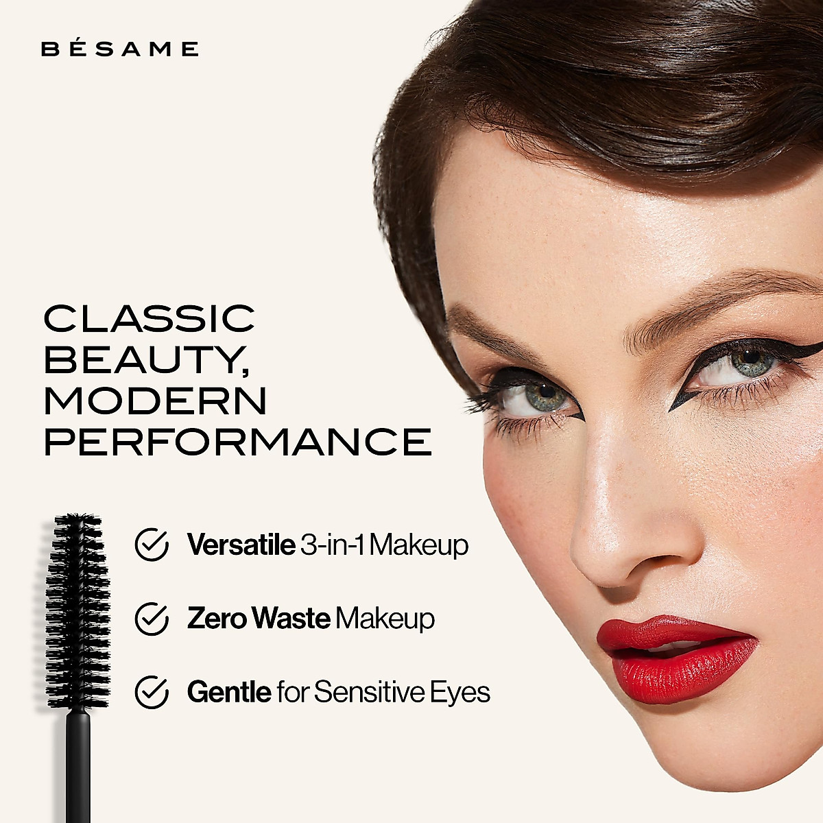 Besame Black Cake Mascara, Liquid Eyeliner & Brow Definer with Spoolie & Brush – Natural-Looking Lashes with Length & Definition, Water-Activated, No Harsh Chemicals, Vegan & Great for Sensitive Eyes