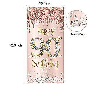 90th Birthday Door Banner Decorations for Women, Pink Rose Gold Happy 90th Birthday Door Cover Backdrop Party Supplies, Large 90 Year Old Birthday Poster Sign Decor
