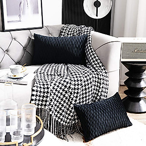 DEZENE Black Striped Decorative Pillow Covers: 2 Pack 12x20 Inch Original Velvet Rectangular Throw Pillow Cases for Farmhouse Couch