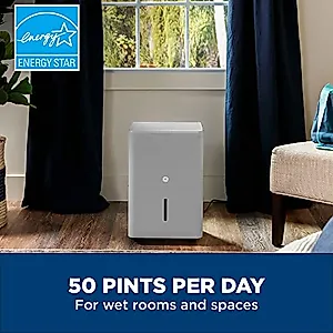 GE Energy Star Portable Dehumidifier 50 Pint with Pump, Perfect for Bedroom, Garage or Rooms up to 4000 Sq Ft, For High Humidity Areas, Built-in Pump Eliminates Need to Check Water Levels, Grey