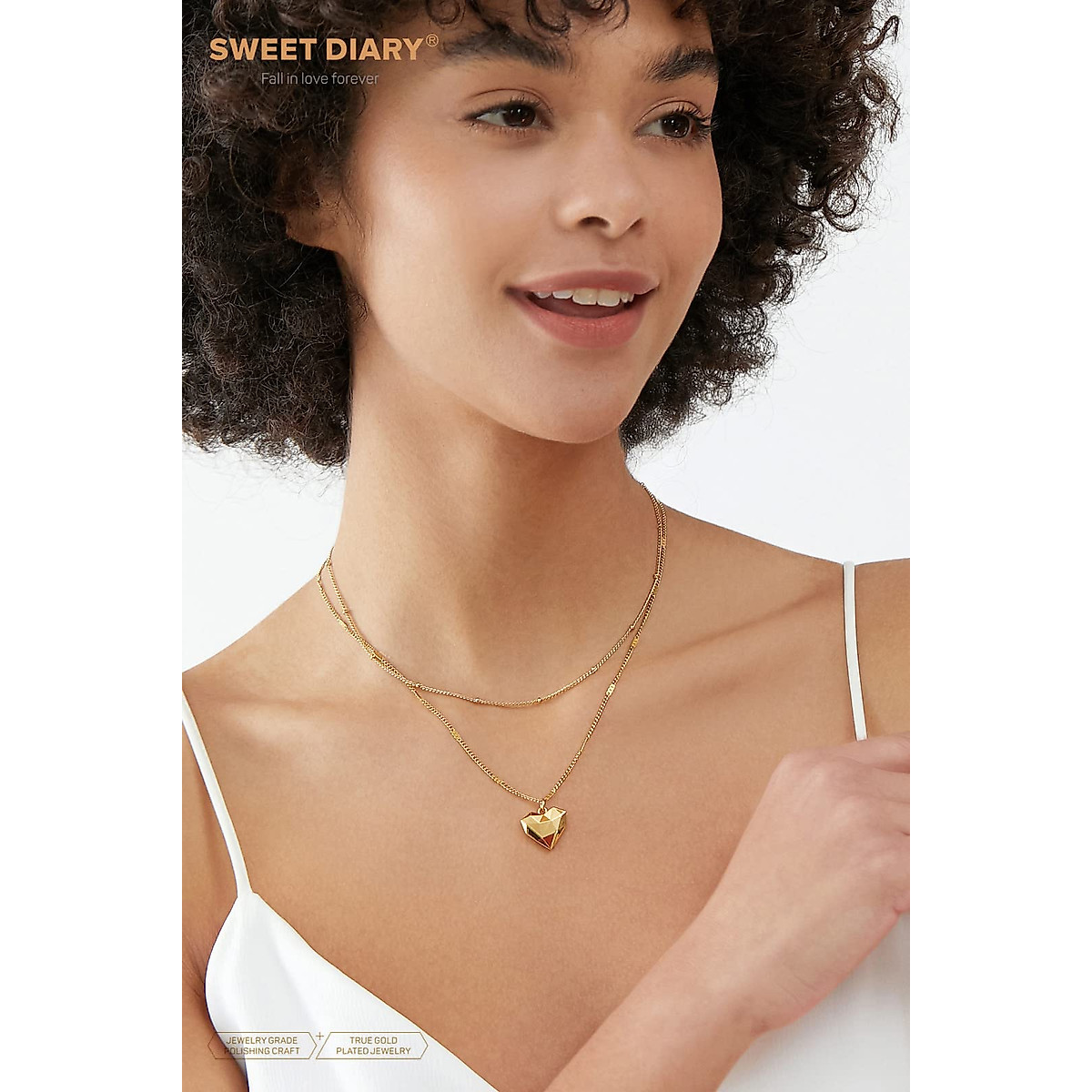 SWEET DIARY Heart Pendant Necklace,Heart Necklaces for Women,18K Gold Plated Layered Necklace, Handmade Diamond Heart Pendant Necklace Chain Gold Necklaces Gift for Women Necklace Jewelry (Gold)