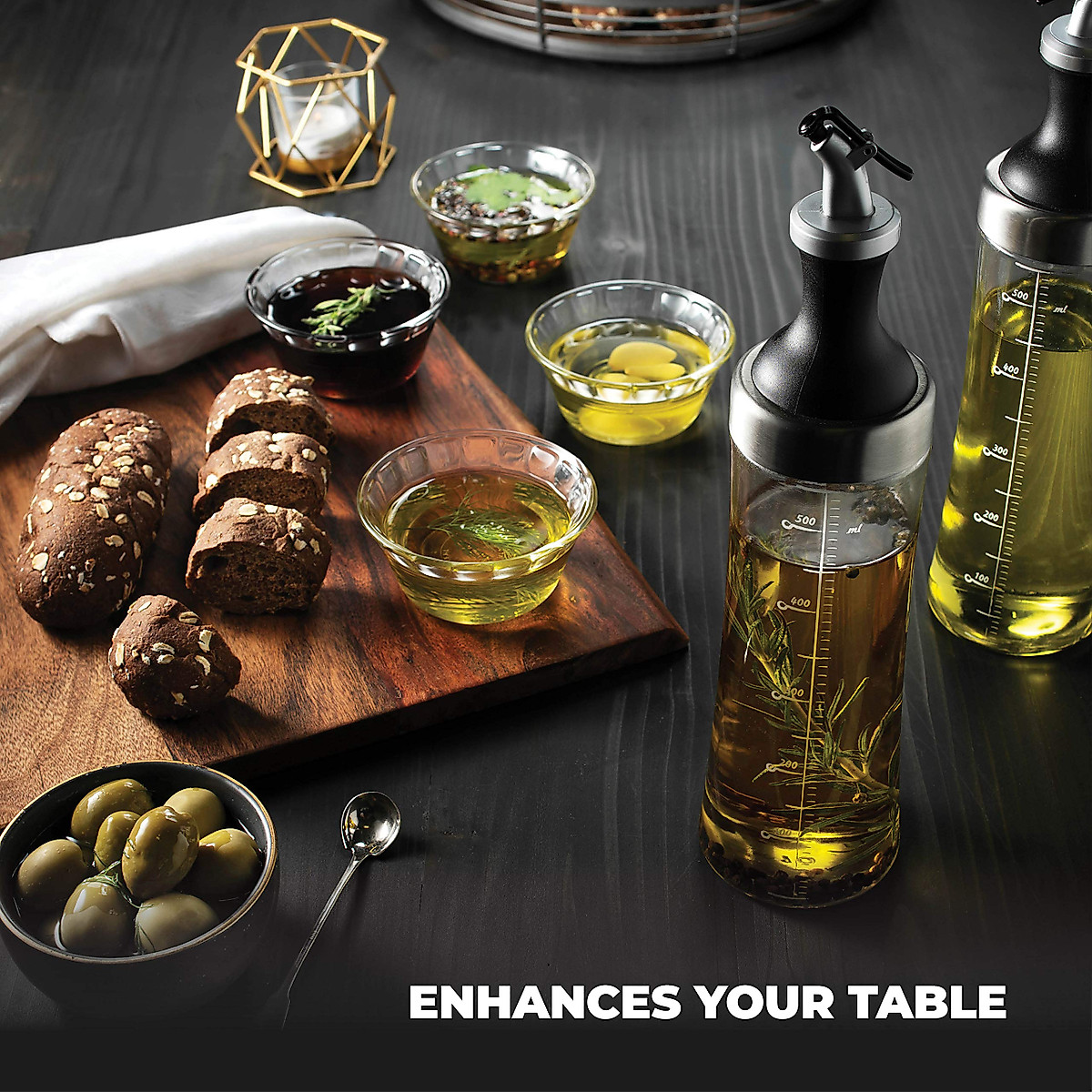 FineDine Superior Glass Oil and Vinegar Dispenser, Modern Olive Oil Dispenser, Wide Opening for Easy Refill and Cleaning, Clear Glass Oil Bottle, Pouring Spouts, 18 Oz. Cruet Set (Set of 2)