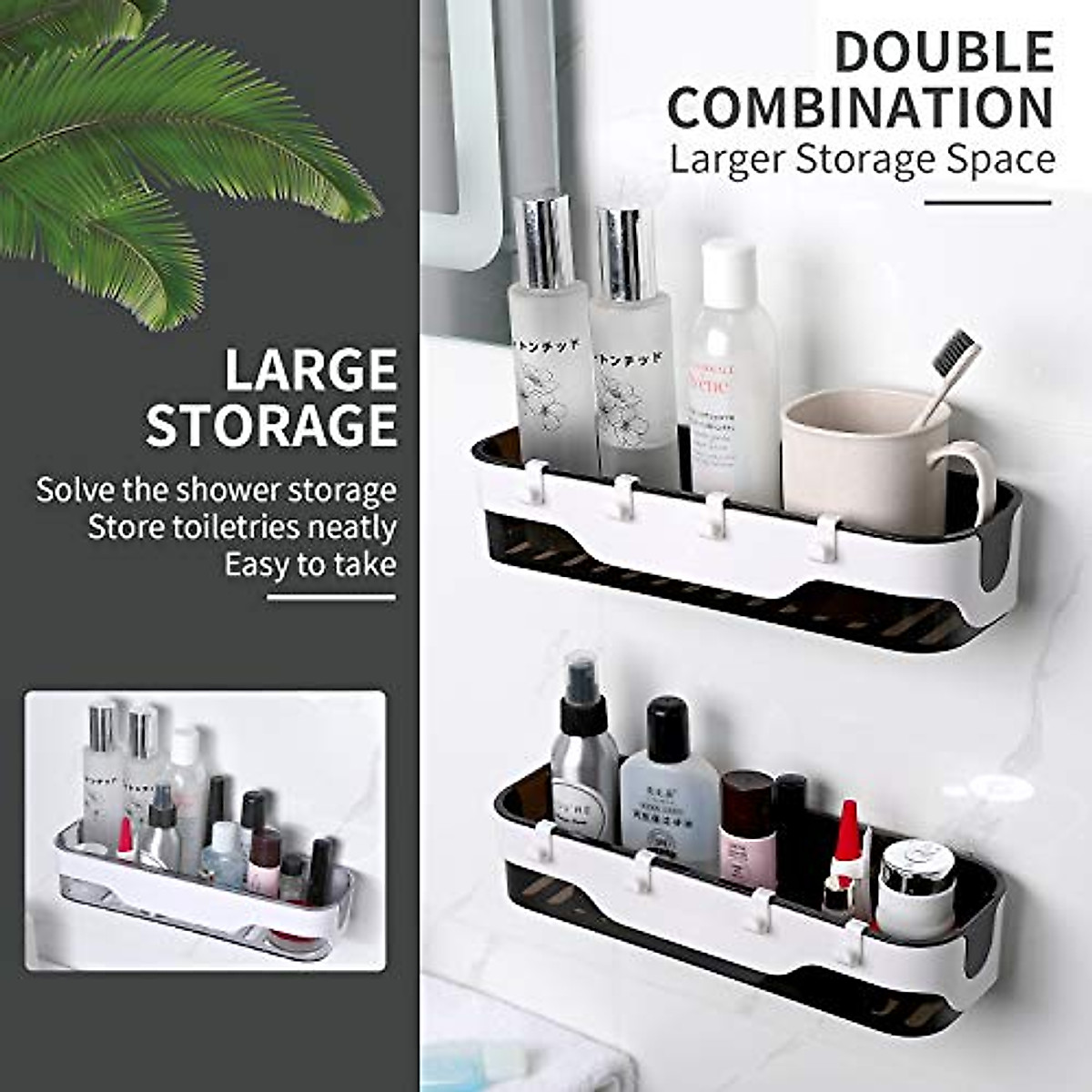 Bathroom Shelves with 4 Hooks，Shower Caddy with Adhesive，Racks Strong and Sturdy for Lavatory,Portable,Washroom, Restroom, Shower, Toilet,Kitchen