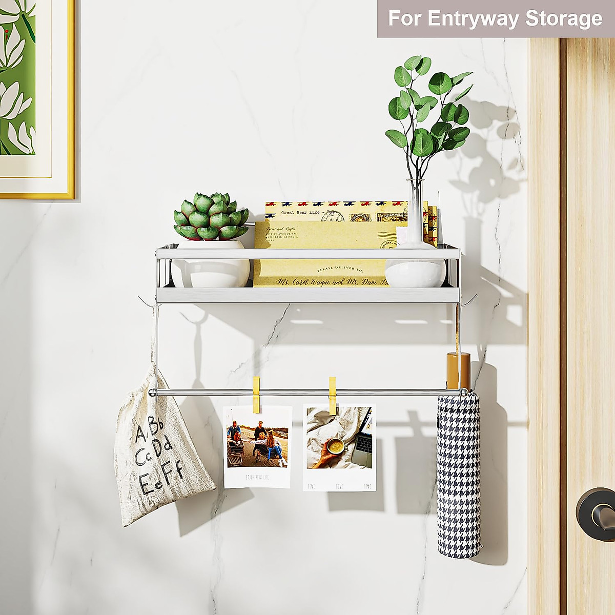 ESOW Paper Towel Holder with Shelf Storage, 2-in-1 Wall Mounted Paper Towel Roll Rack Basket for Kitchen, Balcony & Bathroom, Self-Adhesive or Drilling Installation, SUS304 Brushed Nickel Finish