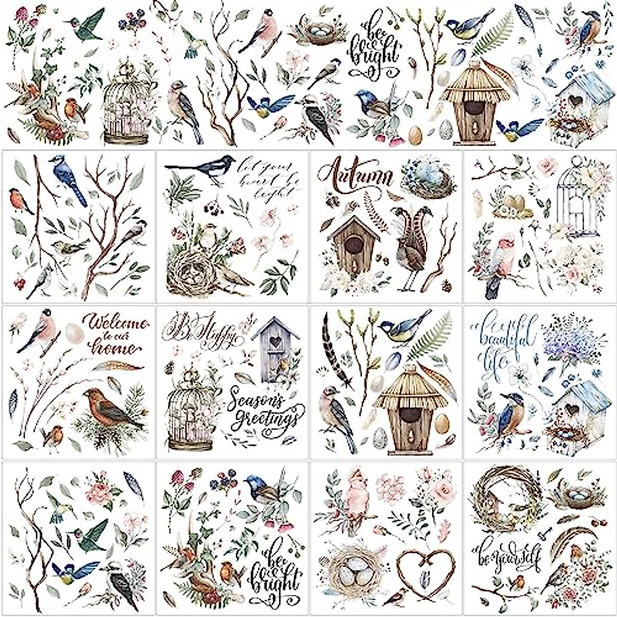 12 Sheets Rub on Transfers for Crafts and Furniture Rub on Transfers Stickers Classic Bird Floral Lavender Butterfly Decals for Home Office Paper Wood DIY Craft, 5.5 x 5.7 Inch (Bird)