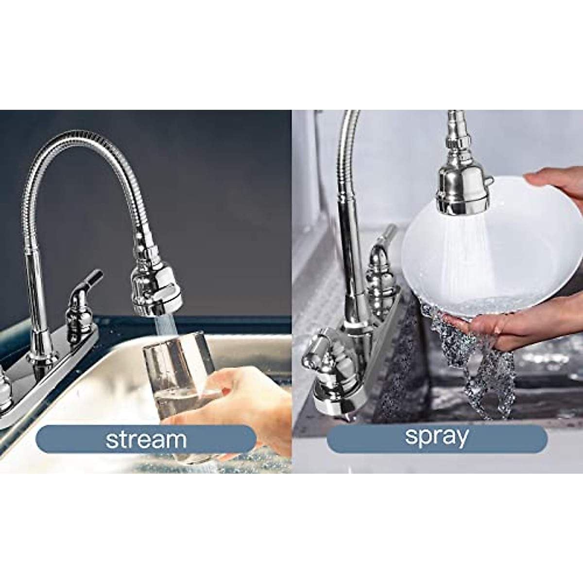 EXCELFU RV Kitchen Faucet, RV Sink Faucets for Kitchen with Flexible Arc 360 Degree Rotatable Sprayer, RV Kitchen Sink Faucet Replacement for Campers, RVs Motorhomes, Travel Trailers (8 inches Apart)