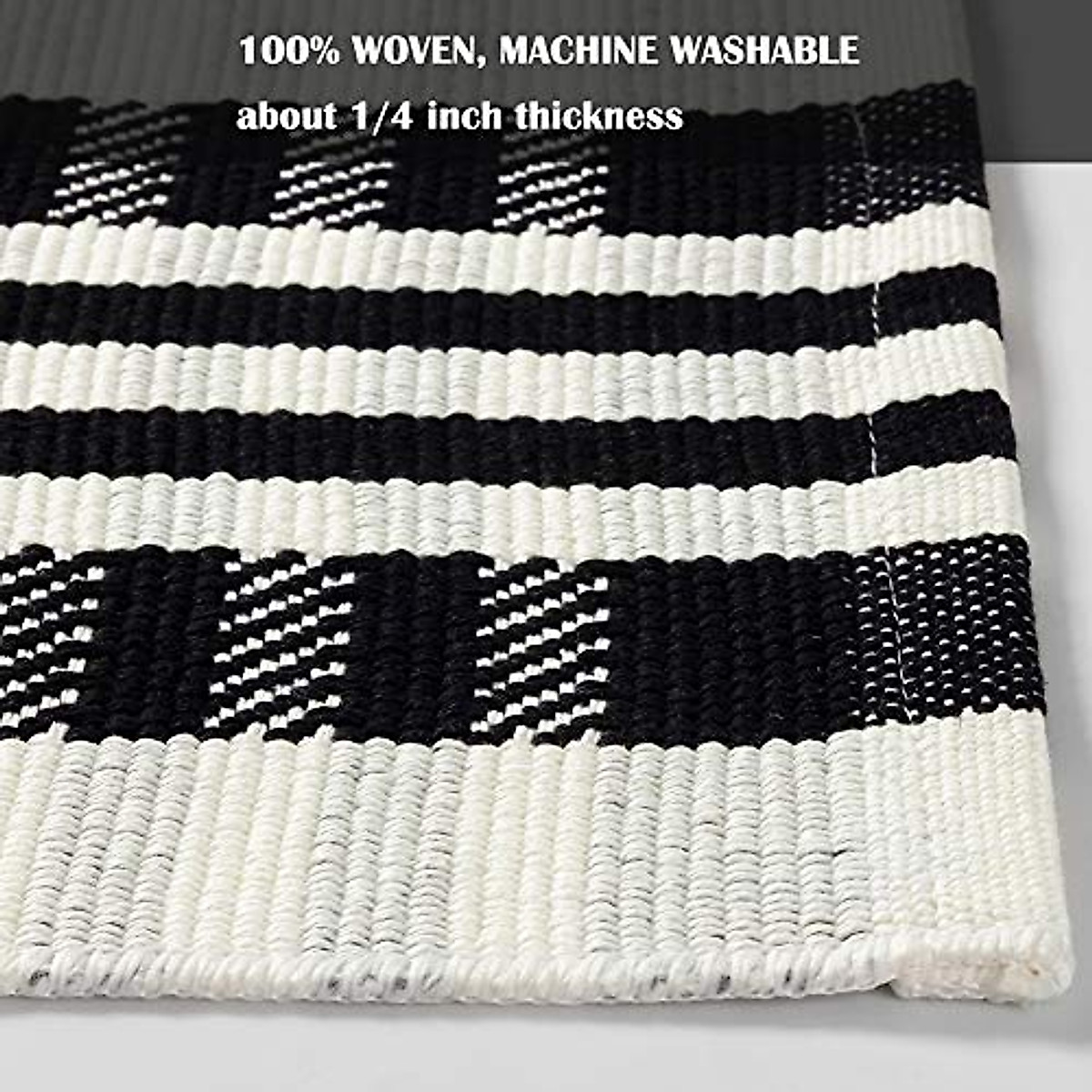 idee-home Plaid Black White Outdoor Buffalo Rug Door Mats 4'x6', Kitchen Check Layered Welcome Cotton Rug for Front Porch, Washable Hand Woven Outdoor Checkered Farmhouse Mat