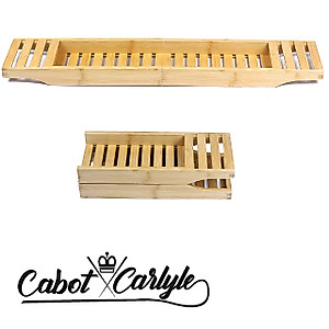 Cabot & Carlyle Luxury Bath Caddy Tray for Tub | Bath Table | Premium Bamboo Bathtub Tray for Tub | Fits All Bath Accessories Wine Glass, Books, Tablets, Cellphones, Shampoo | Bath Shelf Foldable.