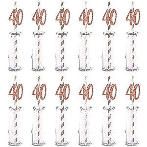 Happy 40th Birthday Straw Decor, Rose Gold Paper Straws, 40th Anniversary Decorations, 24pcs Cut-Out Number 40 Party Drinking Decorative Straws