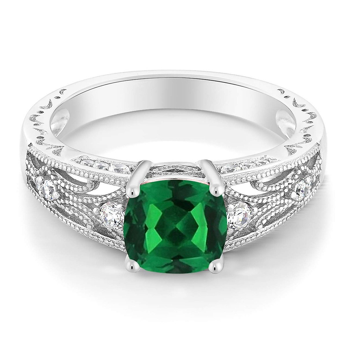 Gem Stone King 925 Sterling Silver Green Nano Emerald Engagement Ring For Women (1.16 Cttw, Cushion 6MM, Available in size 5, 6, 7, 8, 9)