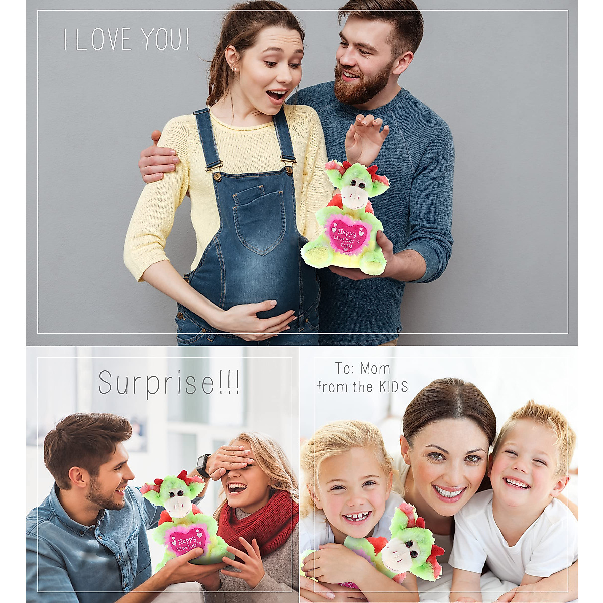 DolliBu Happy Mother's Day Super Soft Plush Dragon Doll Figure - Cute Stuffed Animal with Pink Heart Message for Best Mommy, Grandma, Wife, Daughter - 8" Inches