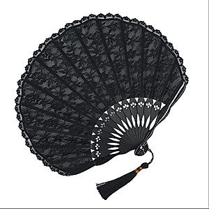 ZAEGO Chinese Fan Black Embroidery Shell-shaped Lace Cheongsam Folding Fan Dance Ancient Style Small Round Fan Japanese Fan