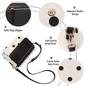 Polka Dots Small Crossbody Bags for Women, Zipper-deco Flapover Cross body Bag with 8 Compartments, Stylish Shoulder Purse, Saddle Handbags with Adjustable Strap,Christmas Gift,Leather+Canvas Black