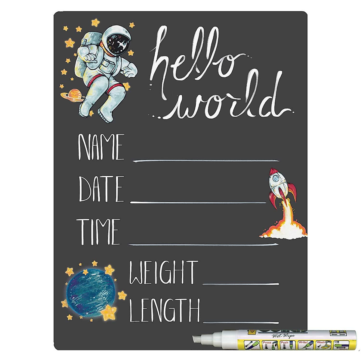 Cohas Hello World Newborn Baby Announcement Chalkboard Sign with Space Theme, 9 by 12 Inches, White Marker
