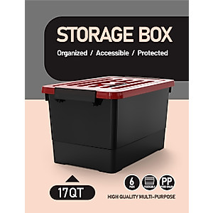 WYT 17 Quart Stackable Plastic Storage Bins with Red Lids, 4 Pack Black Containers with Latching Buckles and Handle, Durable Nestable Boxes Organizing for Closet, Garage, Tool Room