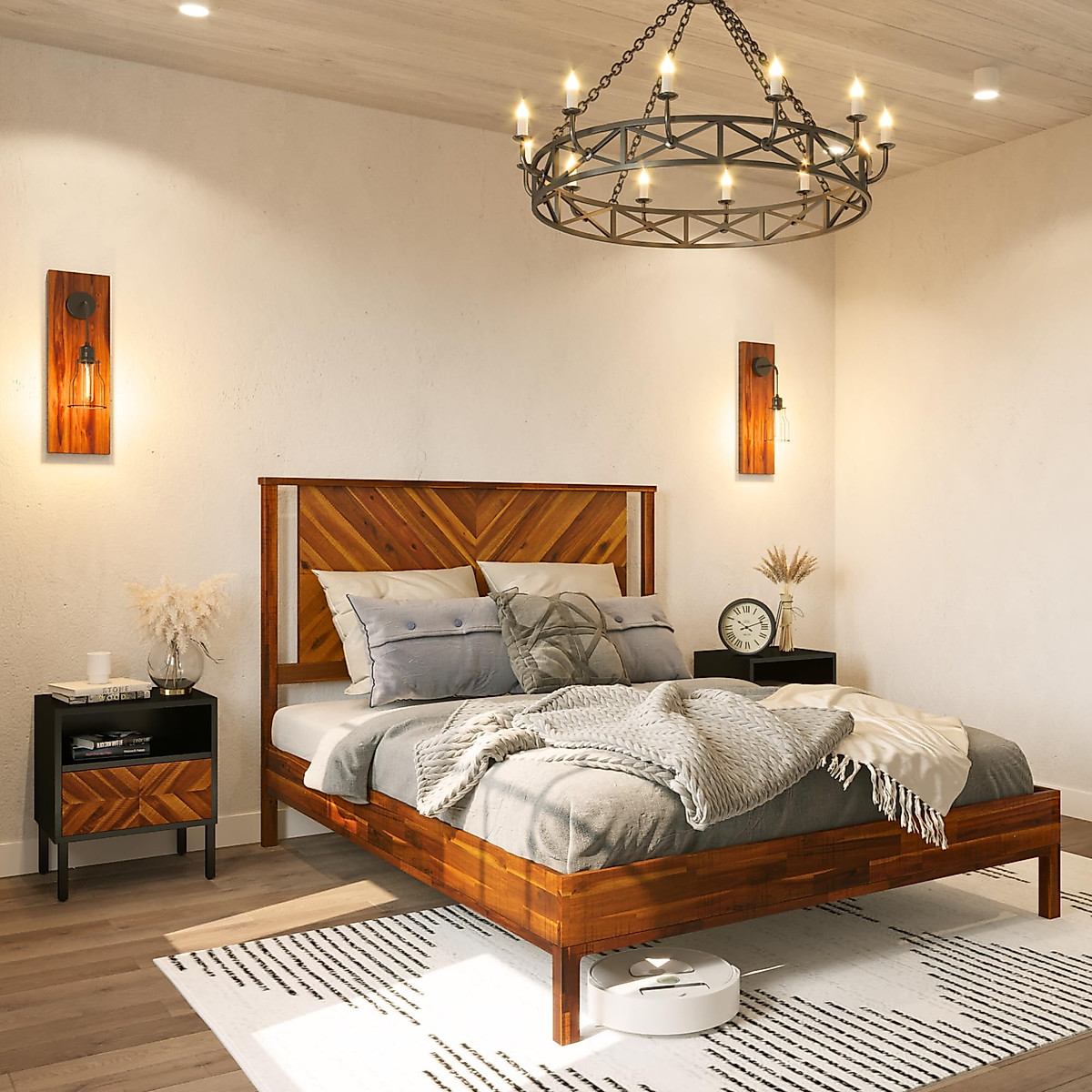 Bme Vivian 14 Inch Deluxe Bed Frame with Headboard, Rustic & Scandinavian Style with Solid Acacia Wood, No Box Spring Needed, 12 Strong Wood Slat Support, Easy Assembly, Queen, Rustic Golden Brown