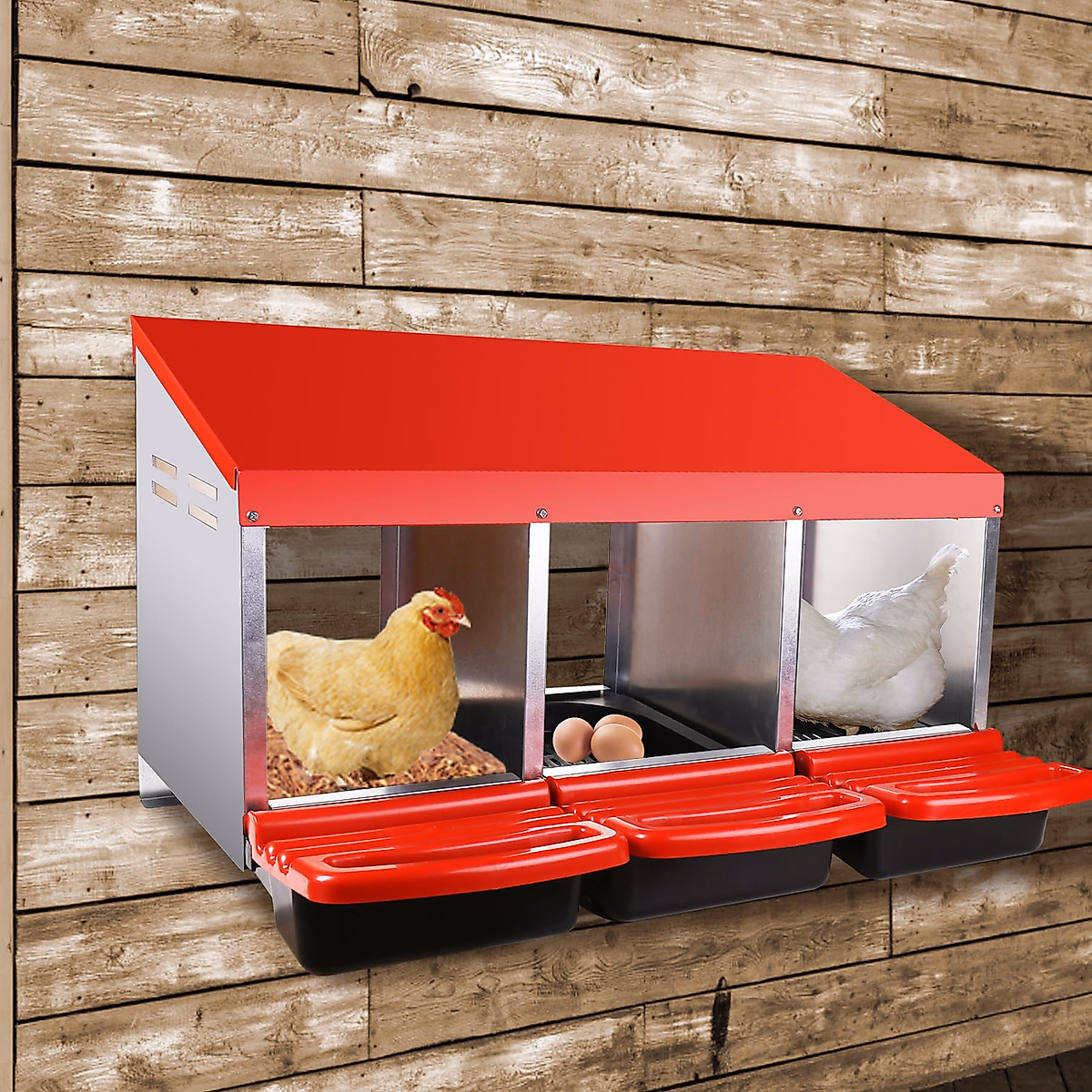 Vehipa Chicken Nesting Boxes, 3 Hole Metal and Plastic Chicken Laying Boxes with Roof, Rollout Egg Collector for Chicken Coop and Farm - Collect Eggs Easily