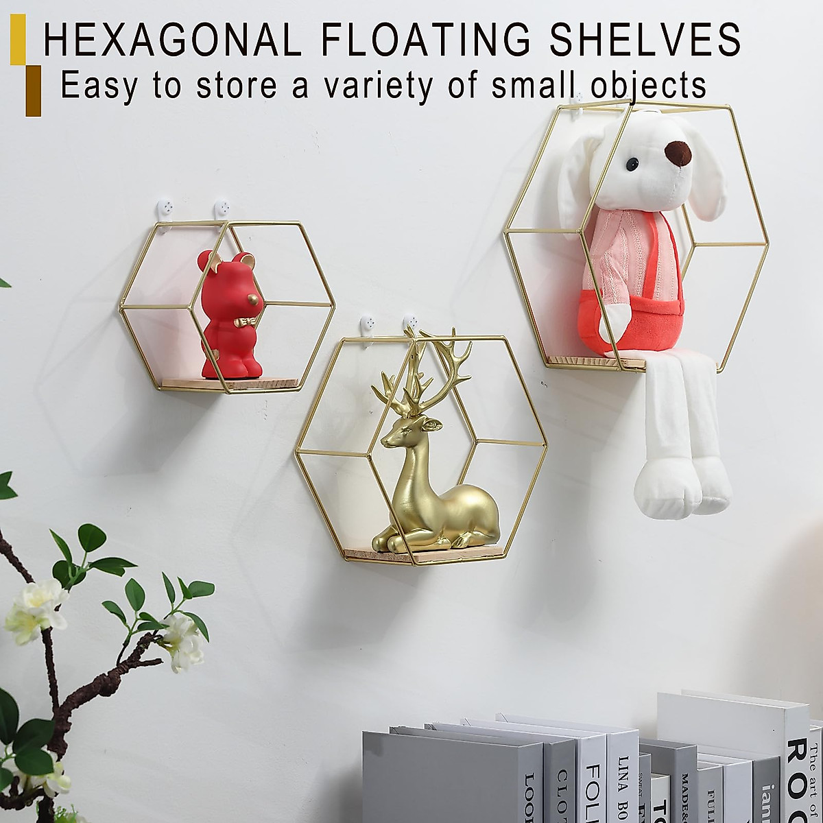 REFSAVER Hexagon Shelves for Wall,Gold Geometric Floating Shelves Wall Decor,Multi-use Metal Wire Wall Display Shelves,Hanging Wall Decor for Bedroom Living Room Kitchen Office,3 Pack,Gold