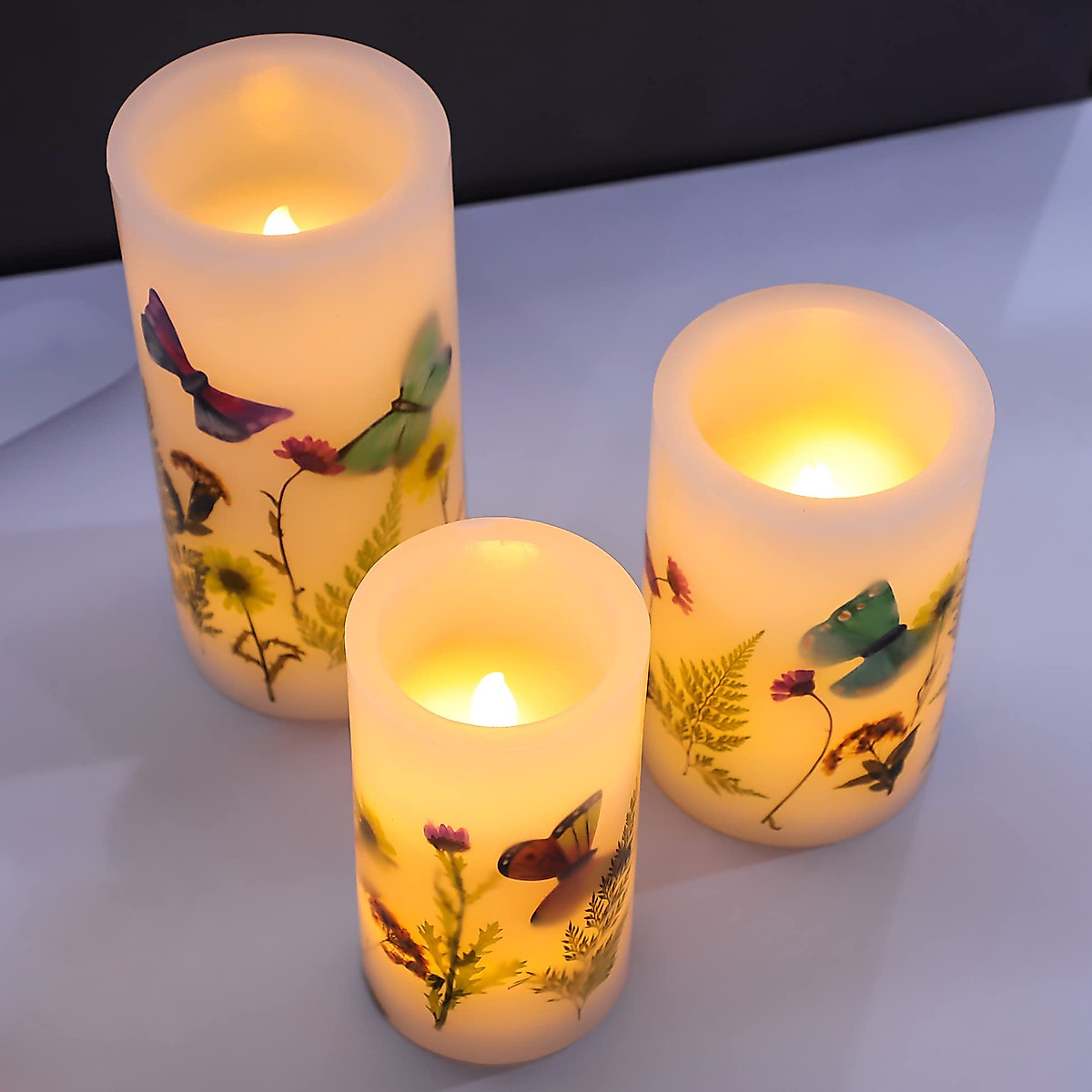 Holitown Flickering Candles, Flameless Candles D4 x H8, Blue Leaf Battery Candles Real Wax Pillar Candle with Timer for Summer Party,Home,Coverd Courtyard(4"x8")