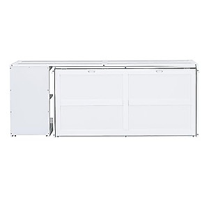 Murphy Cube Queen Cabinet Bed with Rotable Desk and Storage Shelves, Wood Foldable Floor Queen Size Bed Frame for Home Office Studio, White