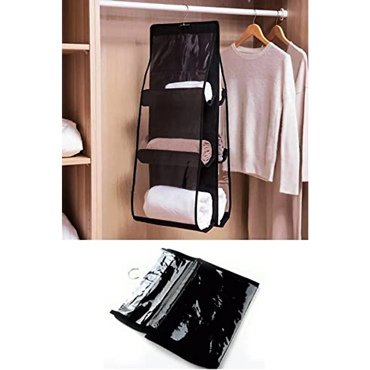 Bag Organizer 1 Pack for Closet or Behind The Door, Handbag Purse Organizer, 6 Larger Pockets Independent Compartments, Space Saving, Foldable, Washable and Universal Fit (Black)