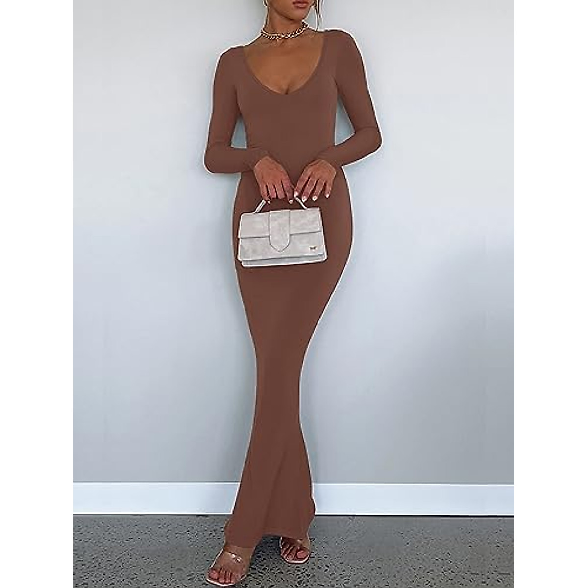 REORIA Women's Sexy Soft Lounge Ribbed Long Dress Fall Elegant Formal Wedding Guest Long Sleeve Deep V Neck Bodycon Maxi Dresses Coffee Small