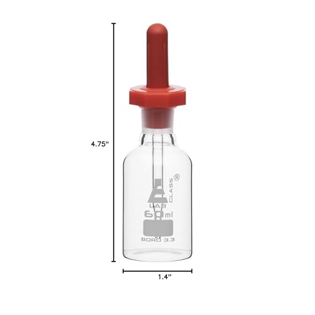 Dropping Bottle, 60ml (2oz) - Borosilicate 3.3 Glass - Eye Dropper Pipette and Dust Proof Rubber Bulb - Octagonal, Non-Screw Top - Eisco Labs