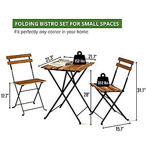 BEEFURNI Wooden Folding Table and Chairs with Cushions for Small Spaces, Teak Wood Bistro Set 3 Piece Outdoor Indoor, No Assembly Required, Perfect Size for Your Balcony, Garden, Backyard, Patio